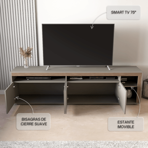 Mesa TV 200cm Moderna Pasacables Cierre Suave Madera Blanco